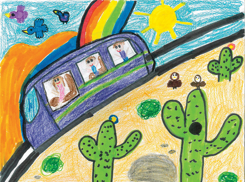 A drawing of a light rail train rolling through the desert under a rainbow