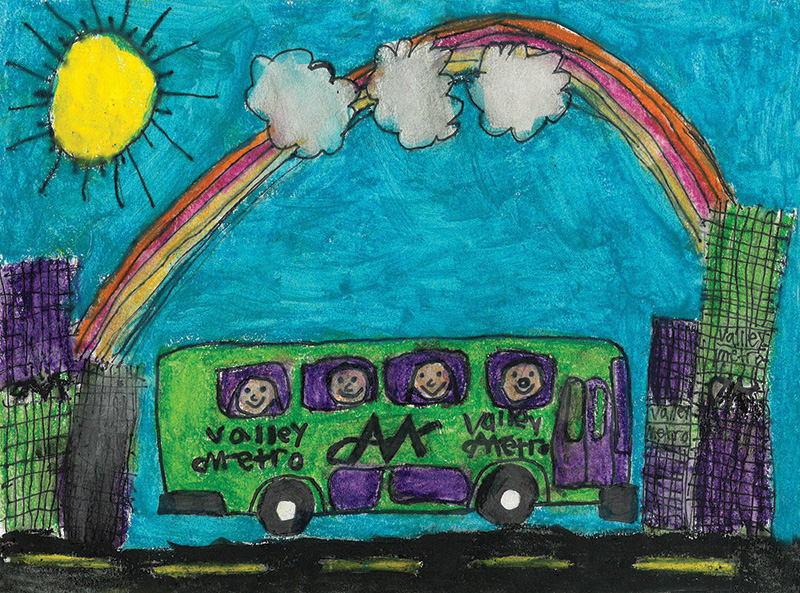 A drawing of a green Valley metro bus in between two buildings with a ...